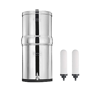 FACHIOO 2.25 Gallon Stainless Steel Gravity-Fed Water Filter System with 2 White Ceramics Purification Washable Filter, Portable Countertop Filter System for Home and Outdoor Camping Use