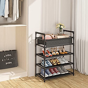 Boeeoan 4-Tier Stackable Shoe Rack Plus Storage Bag, sturdy Shoe Shelf, Non-woven Fabric Shoe Shelf with Storage Organizer, Black