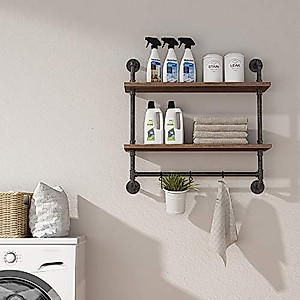 MCleanPin Industrial Pipe Shelves Wall Mount Bathroom Shelf with Towel bar Floating Shelf 2-Tiers 24 in, DIY Open Bookshelves,Metal Towel Rack Bookcase, Real Wood Storage Shelving