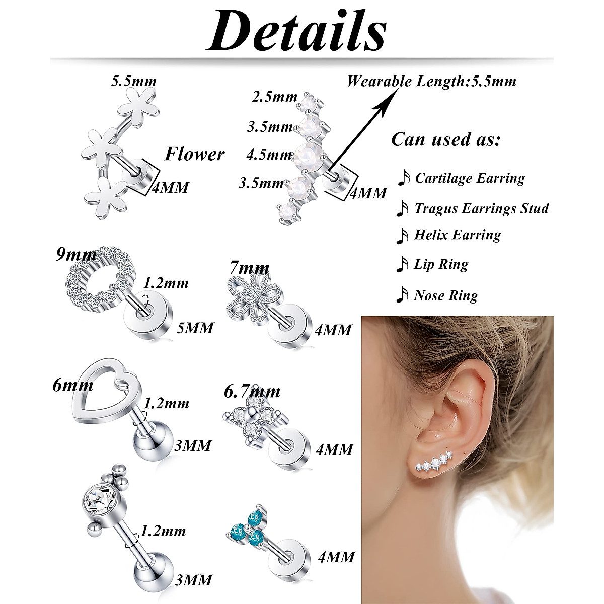 Tornito 18Pcs Cartilage CZ Stud Earrings Conch Forward Helix Tragus Daith Piercing Lip Rings Snake Butterfly Jewelry for Women Men 16G Silver Tone