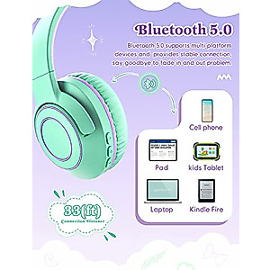 FIUPIA Kids Bluetooth Headphones with Microphone, Volume Limit 85/94dB, On-Ear Kids Headphone for Girls Boys Stereo Sound, Foldable Kids Wireless Headphones for School/Travel/iPad/Fire Tablet-Green