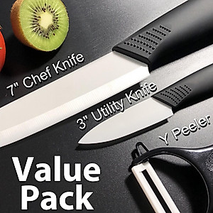 Ceramic Knife and Peeler Set - Ceramic Knives Set for Kitchen - Ceramic Peeler 3" Utility Knife 7" Chef Knife with Sheath Cover