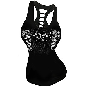 Sexy Biker Tattoo Angel Wings Skull Tee Motorcyle Graphic Rock Black Ladies T-Shirt (M, Fallen Angel Black)