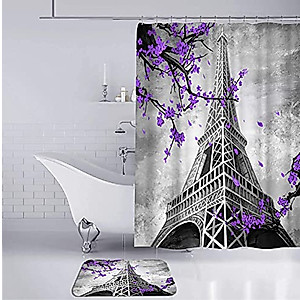 DuoBaorom 4 Pieces Set Building Shower Curtain Set Eiffel Tower Leaning Tower Big Ben Purple Flower on Non-Slip Rugs Toilet Lid Cover Bath Mat and Bathroom Curtain with 12 Hooks 72x72inch