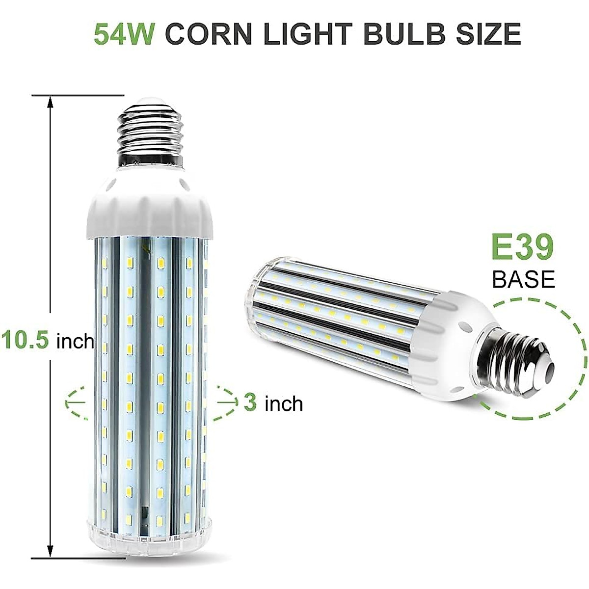YGS-Tech Super Bright 54W LED Corn Light Bulb, E26/E39 Large Mogul Base, 6500K Daylight White, 400 Watt Equivalent for Indoor Large Area Lighting, Garage Factory Warehouse Backyard, HID, HPS
