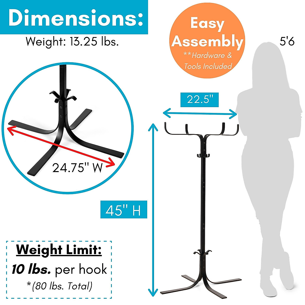 BIRDROCK HOME Outdoor Pool Towel Rack with 4 Bars & 4 Hooks | Ideal for Poolside, Hot Tub, Spa, Patio, & Indoor Use | Heavy-Duty Metal Drying Stand for Wet Bathing Suits, Towels & Accessories | 45" H