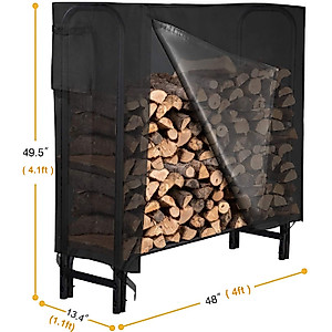 GASPRO Firewood Rack Indoor and 4FT Firewood Rack Outdoor with Cover, 5 Pcs Wrought Iron Fireplace Tools and Log Holder for Fireplace, Wood Stove, Hearth, Fire Pit, Sturdy and Easy to Assemble