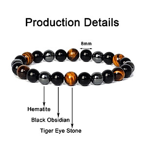 FINZOR 10 Pcs Triple Protection Bracelet Hematite Black Obsidian Tiger Eye Stone Beaded Bracelets for Men Women Stretch Bracelets