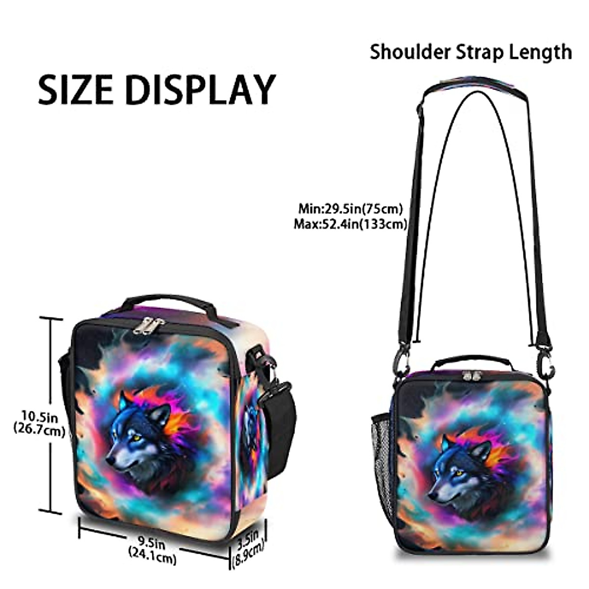 cfpolar Insulated Lunch Bag, Universe Fog Wolf Lunch Box Wide Opened Tote Reusable Lunch Container Organizer Thermal Cooler Bag with Shoulder Strap for School Office Picnic Hiking Beach Fishing
