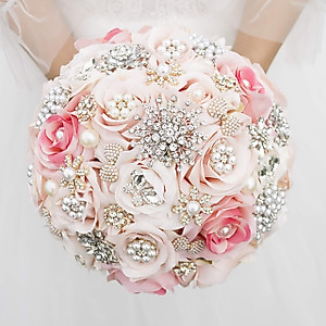 Abbie Home Brooch Jewelry Bouquet - Luxury Bridal Bouquets with Crystal Rhinestone Sparkle Pearls Rose Flowers for Wedding Quinceanera (Pink)