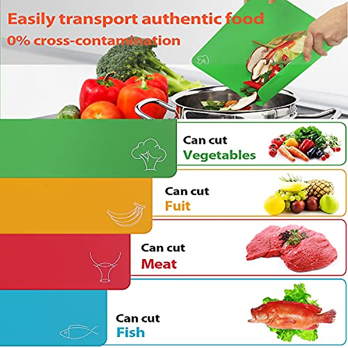 Extra-Thick Plastic Cutting Boards for Kitchen Dishwasher Safe Non-SIip, Flexible Cutting Mats for Cooking, No-Porous, BPA-Free, Food Icons & EZ-Grip Handle (Colorful Set of 4)