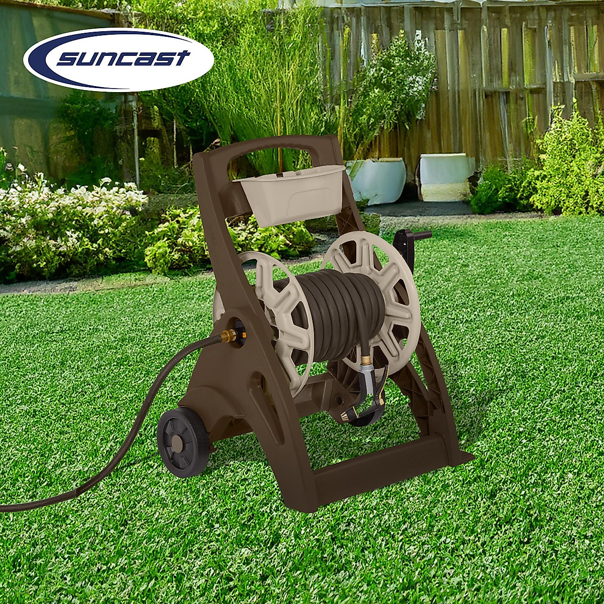 Suncast Hosemobile Portable Garden Hose Reel Cart with Wheels, Crank Handle, and Storage Tray for Gardening Accessories, 225' Hose Capacity, Mocha