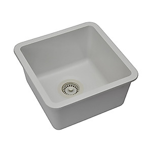 15" x 15" Quartz Kitchen Sink, Single Bowl Kitchen Sinks, Drop in Kitchen Sink, Granite Composite Kitchen Sink, Undermount Sink, Galaxy White Kitchen Sink, Includes Grid, Strainer, Flange, LP-1515-W