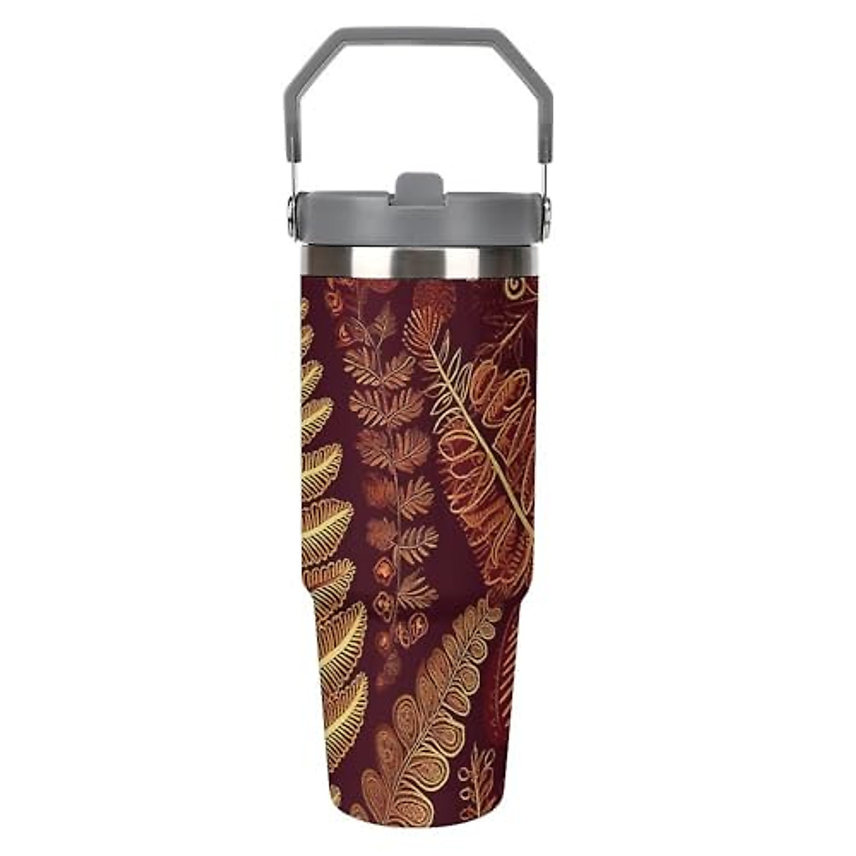 YTLKGFP 30 Oz Large Capacity Car Cup Maroon Gold Pattern Tumbler with Handle Straw Lid Insulated Stainless Steel Water Bottle Travel Mug Leak-proof Car Cup Keeps Cold Or Hot