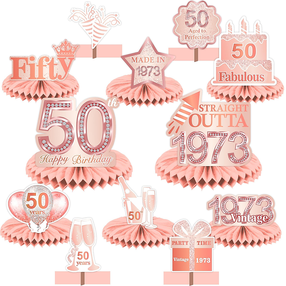 Happy 50th Birthday Rose Gold Table Honeycomb Centerpieces Balloons Theme Decor Table Decorations Table Toppers for Girls Women Sweet Princess 50 Years Old Pink Birthday Party Bday Supplies Ornament