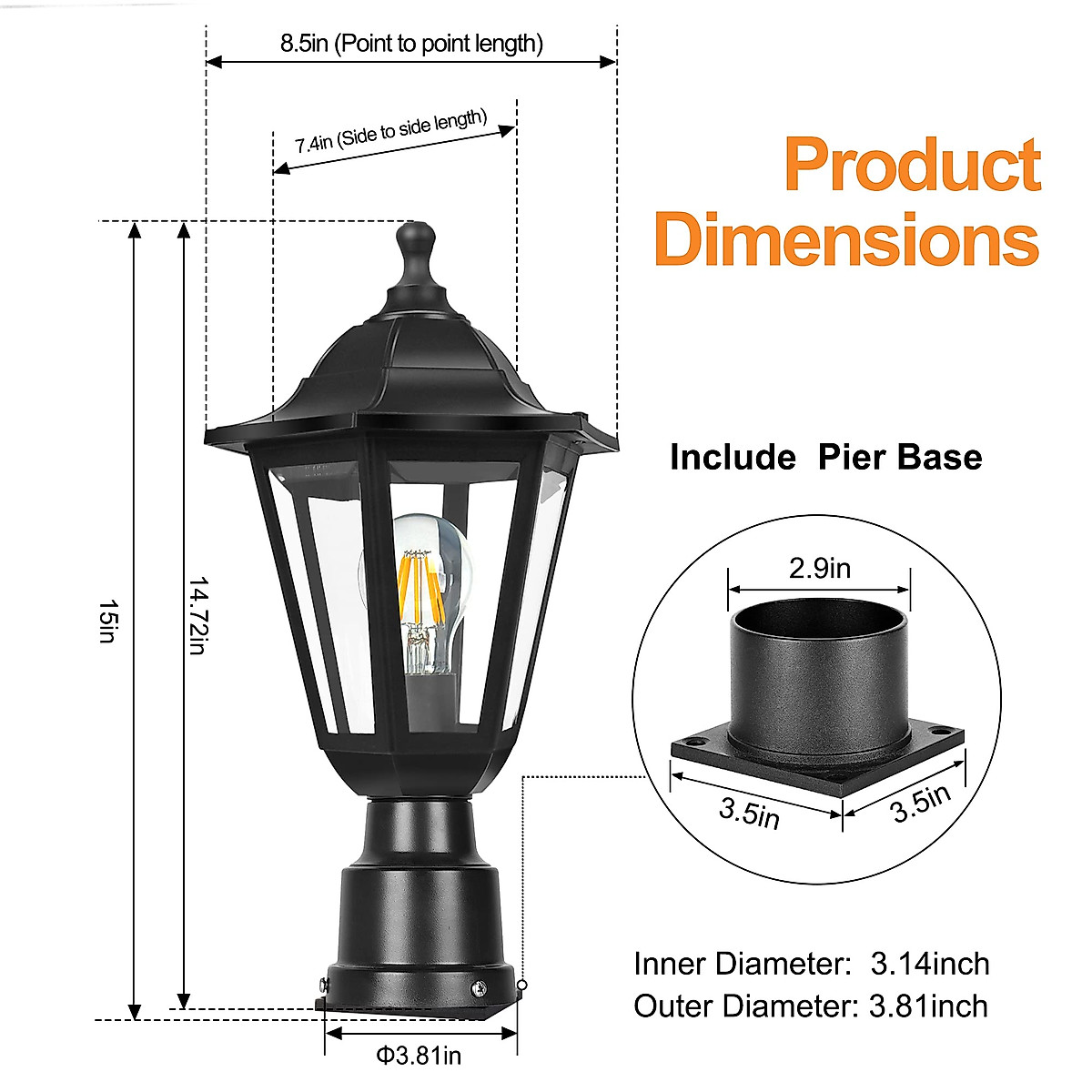 FUDESY Outdoor Post Light, Exterior Lamp Post Light Fixture with Pier Mount Base, Waterproof Pole Lantern Lighting with E26 Socket, Matte Black Plastic Lamp for Garden Patio Pathway(Bulb Included)