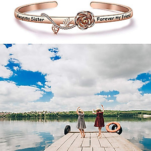 Best Friend Bracelet Sister Gift Always My Sister Forever My Friend Cuff Bracelet with Rose Flower Gift for Sisters Friendship Jewelry (Gold)