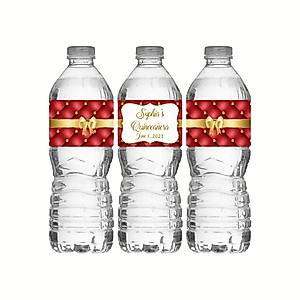 Personalized Water Bottle Labels, Birthday Party Favors, Pack of 25 Peel and Stick Waterproof Wrappers (Red)