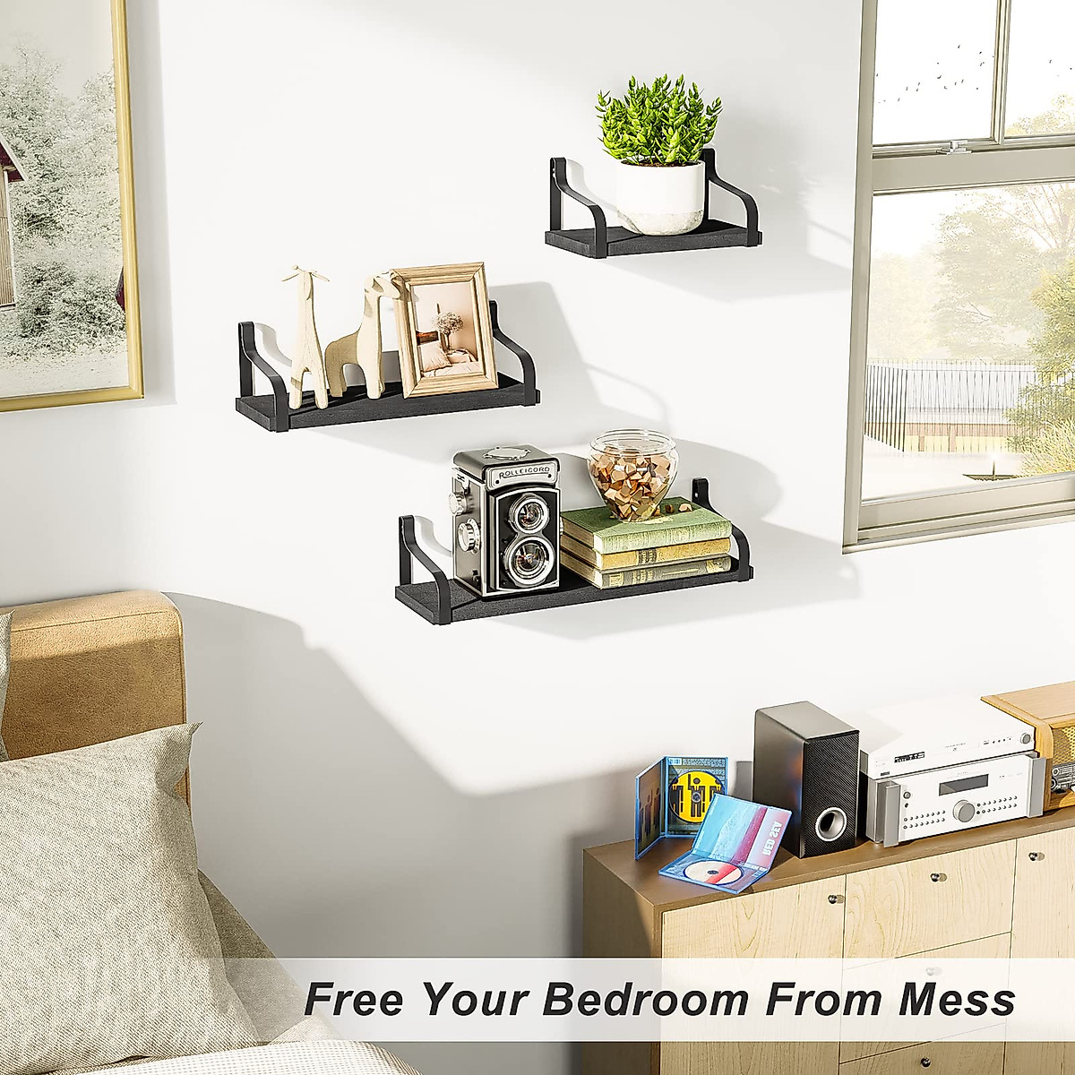 Love-KANKEI Floating Shelves Wall Mounted Rustic Wood Wall Shelves Set of 3 for Bedroom Living Room Bathroom Kitchen Black