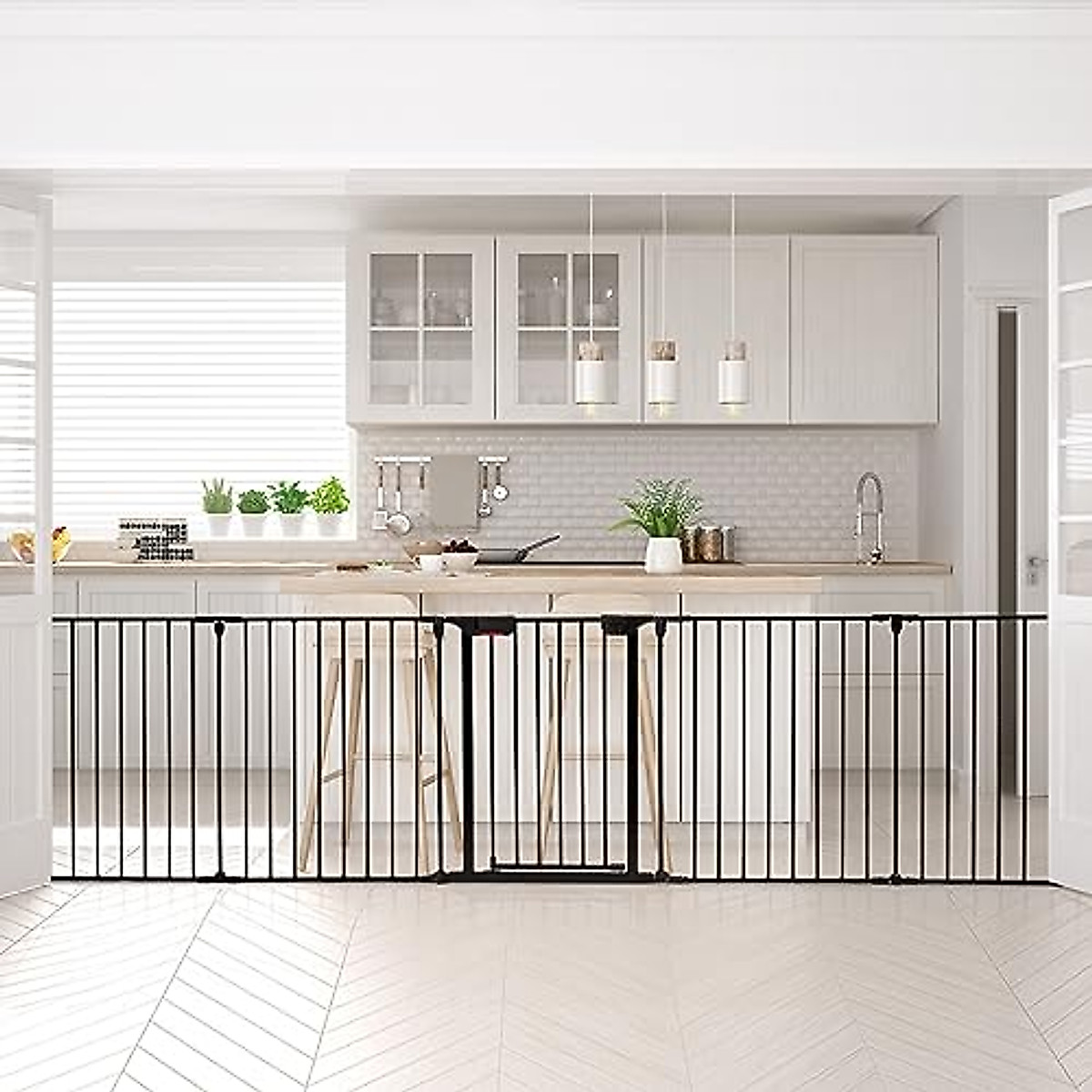 Costzon Baby Safety Gate, 121 Inch Length 5 Panel Adjustable Wide Fireplace Fence, BBQ Metal Fire Screen Gate, Pet Isolation Fence with Walk-Through Door, Freestanding Pets Gate (Black, 5-Panel)