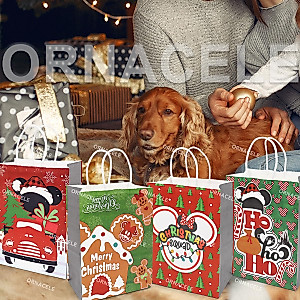 ORNACELE Christmas Gift Bags 12 Count Assorted Styles Bags Xmas Small Kraft Paper Bags with Handles Christmas Goodie Bags with Christmas Prints for Xmas Gift Wrapping Christmas Party Supplies