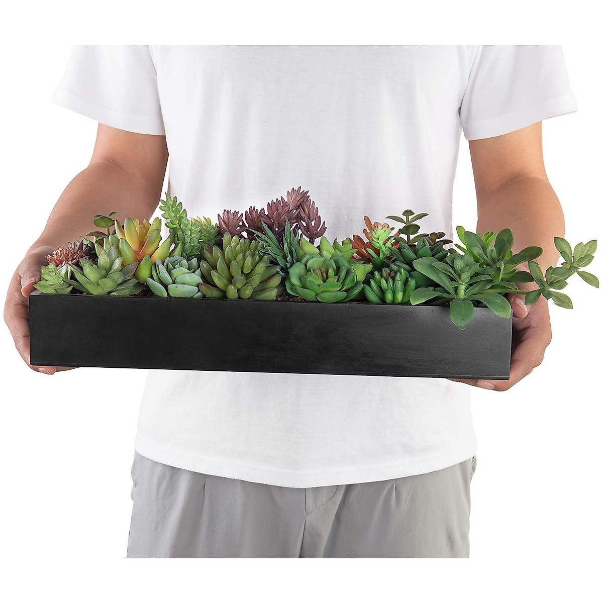 MyGift Artificial Succulent Centerpiece,15.75 Inch Faux Succulents Arrangement Plants in Sleek Black Wooden Rectangular Planter Box