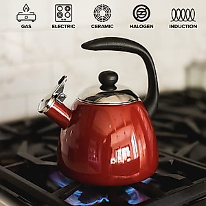 Farberware Bella Water Kettle, Whistling Tea Pot, Works For All Stovetops, Porcelain Enamel on Carbon Steel, BPA-Free, Rust-Proof, Stay Cool Handle, 2.5qt (10 Cups) Capacity (Garnet)