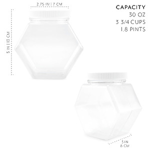 Cornucopia Plastic Hexagon Shaped Jars (4-Pack, 30oz); Value Pack of Containers for Snacks, Gifts and Storage, 2 1/2 Cup Capacity, 5 x 5 x 3 Inches