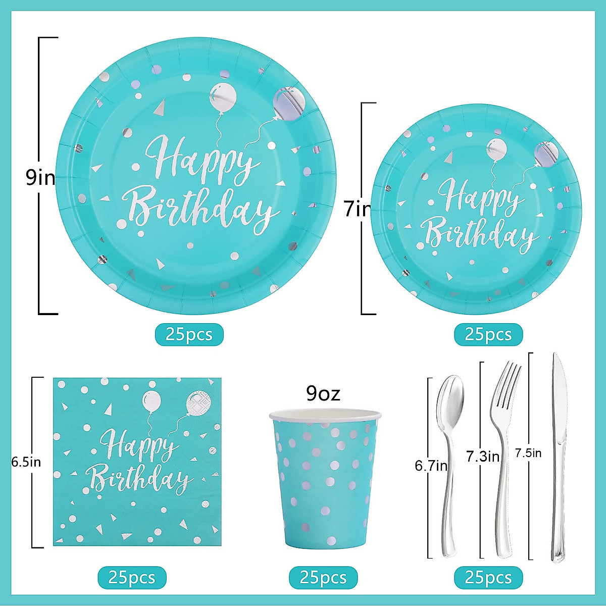 joy akkess 175PCS Teal Birthday Decorations Teal Party Decorations Teal Birthday Plates Serves 25 Guests Birthday Plates and Napkins for Happy Birthday Party Decorations Baby Shower