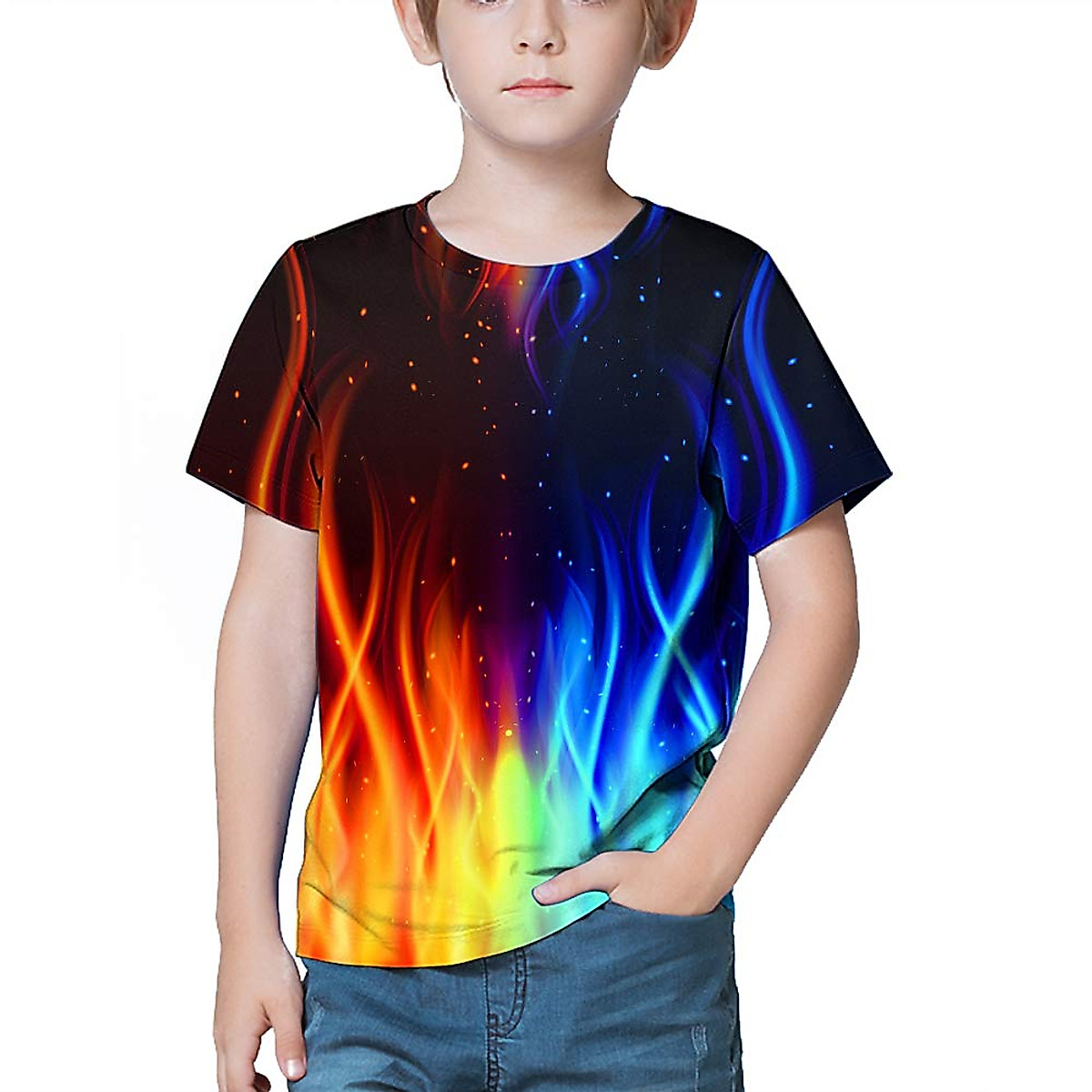 LAIDIPAS Kids Shirts Boys Girls Graphic Top Tees Flame Design Unisex Cool 3D T-Shirts for Youth 8-10 Years