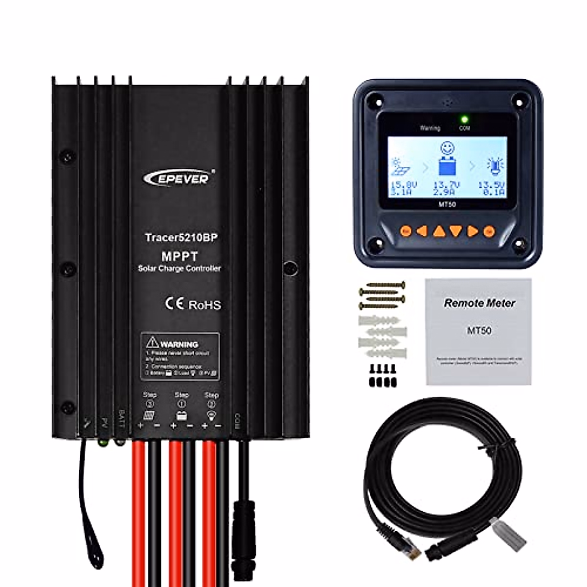 EPEVER MPPT Charge Controller 30A 12V 24V Auto Max PV 100V 390W/780W Solar Panels Regulator Waterproof IP67 Kit for Sealed, Gel, Flooded, Lithium & User Types (MPPT 30A+MT50+RS485)