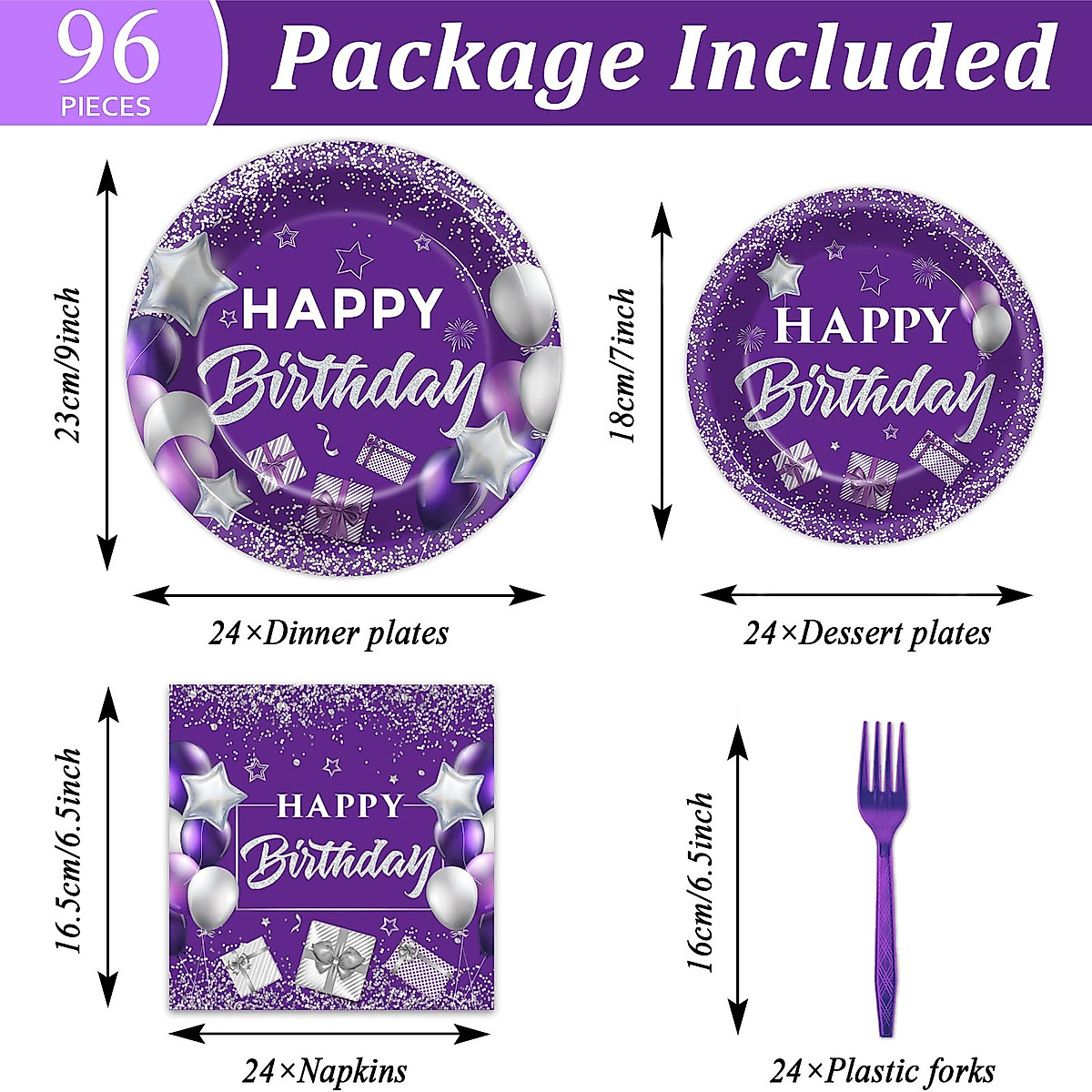 96 Pcs Purple Birthday Party Supplies Paper Plates Napkins Purple Silver Happy Birthday Tableware Set Dinner Dessert Table Decorations Favors for Women Girls Serves 24