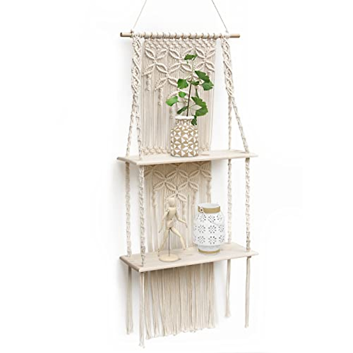 SUMGAR Macrame Wall Hanging Shelves 2 Tier - Boho Hanging Plant Shelf for Wall, Wood Color Woven Rope Floating Shelf, Boho Shelf Window, Bedroom, Bathroom Indoor Wall for Mother's Day, Birthday