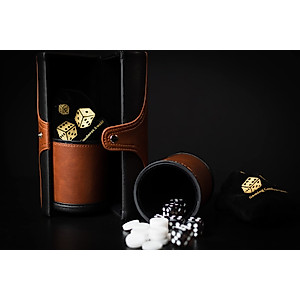 Harbor Loot PU Leather Double Dice Cup Set – Portable with Carrying Case, 2 Dice Cups, 2 Dice Bags, 12 Large Dice, and 30 Chips