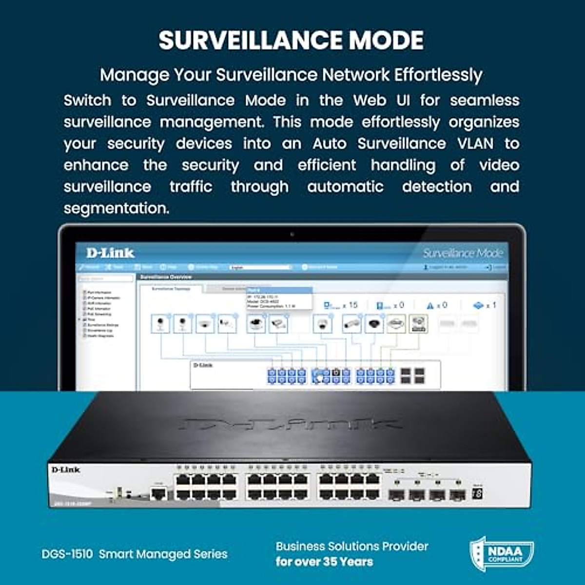 D-Link 52-Port Gigabit Stackable Smart Managed Switch with 10G Uplinks | 48 Gigabit Ports + 4 10GbE SFP+ Ports| L2+/L3 Lite |VLANs |Web Managed |Surveillance Mode |NDAA Compliant (DGS-1510-52X)