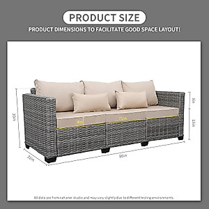 Rattaner Patio Furniture 3-seat Sofa Grey Wicker Outdoor Furniture Outdoor Couch Deep Seat Hight Backrest with Waterproof Cover, Khaki Anti-Slip Cushions