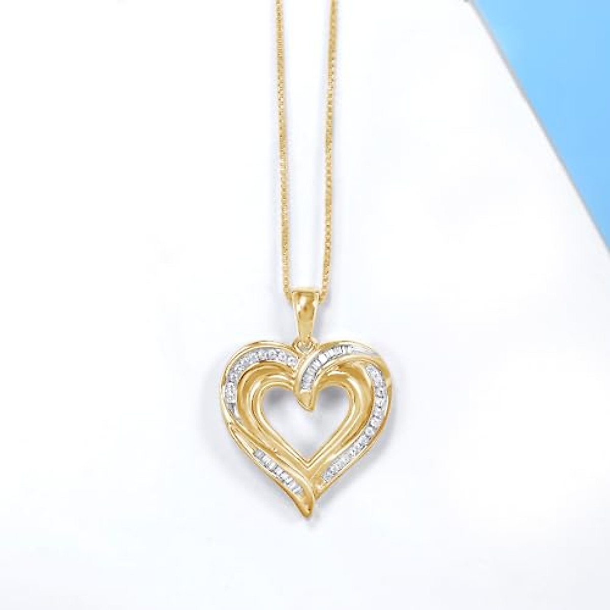 Jewelili Womens Heart Yellow Gold Over Sterling Silver Necklace with Natural White Round and Baguette Diamonds 1/4 Cttw 18" Box Chain