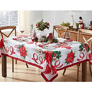 Home Bargains Plus Holiday Tassels Provence Christmas Fabric Tablecloth, French Country Holiday Poinsettia Garland Stain Resistant Easy Care Xmas Tablecloth, 60 Inch x 144 Inch Oblong/Rectangle