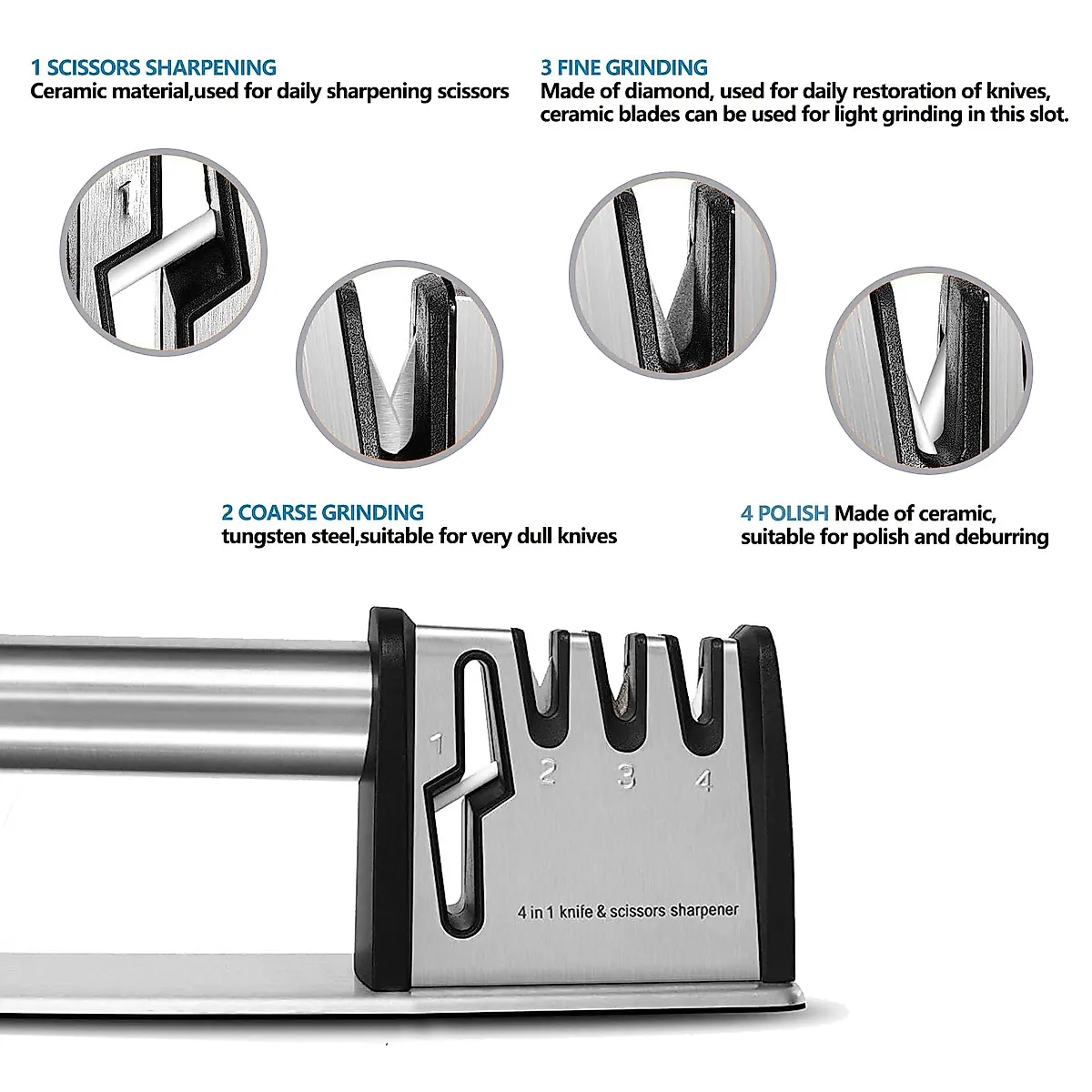 Knife Sharpeners,4 in 1 Kitchen Knife and Scissors Sharpener,Grind and Polish Knife Accessories,Manual Knife Sharpener for Ceramic and Steel Knives,Scissors,Outdoor Knives.