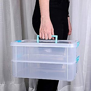 JUXYES 2-Tiers Stack Carry Storage Box With Handle, Transparent Stackable Storage Bin With Handle Lid Latching Storage Container for School & Office Supplies (Blue)