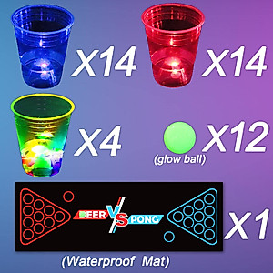 HIOHWEFH Glowing Beer Pong Table Mat for Drinking Game Light Up Plastic Cups and Pongs Beer Pong Set for Party Game Indoor Outdoor Pong Game, Party Supplies Decor 71 * 23inch