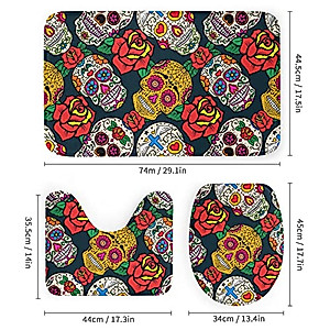 Dead Day Skull Shower Curtain Sets with Non-Slip Rugs, Toilet Lid Cover and Bath Mat, Halloween Floral Bathroom Decor Set Accessories Waterproof Shower Curtains