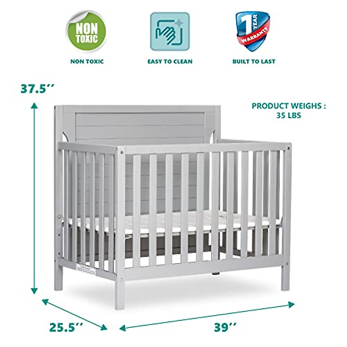 Dream On Me Bellport 4 in 1 Convertible Mini/Portable Crib in Pebble Grey, Non-Toxic Finish, Made of Sustainable New Zealand Pinewood, with 3 Mattress Height Settings