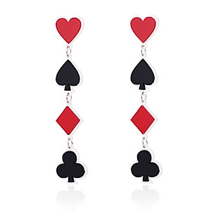 Unique Funny Playing Cards Pattern Dangle Drop Earring Personality Asymmetric Acrylic Spades Hearts Plum Poker Earrings for Women Gift Statement Nightclub Party Jewelry (Long Design)