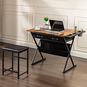 VECELO Drafting Table Adjustable Desk Tilted Tabletop with 2 Storage Drawers and Stool, Art Workstation for Artist Painters Drawing, Crafting, Reading, Writing, Home Office, Rustic Brown