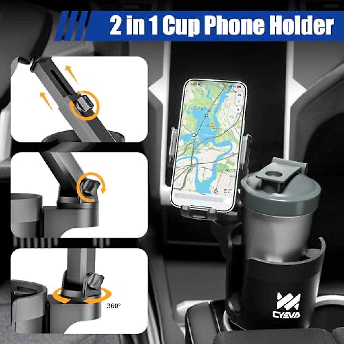 CYEVA Cup Holder Phone Mount for Car, 2 in 1 Cup Holder Expander for Car with 360°Rotation Long Arm Cell Phone Holder for Car Compatible with All Smartphones