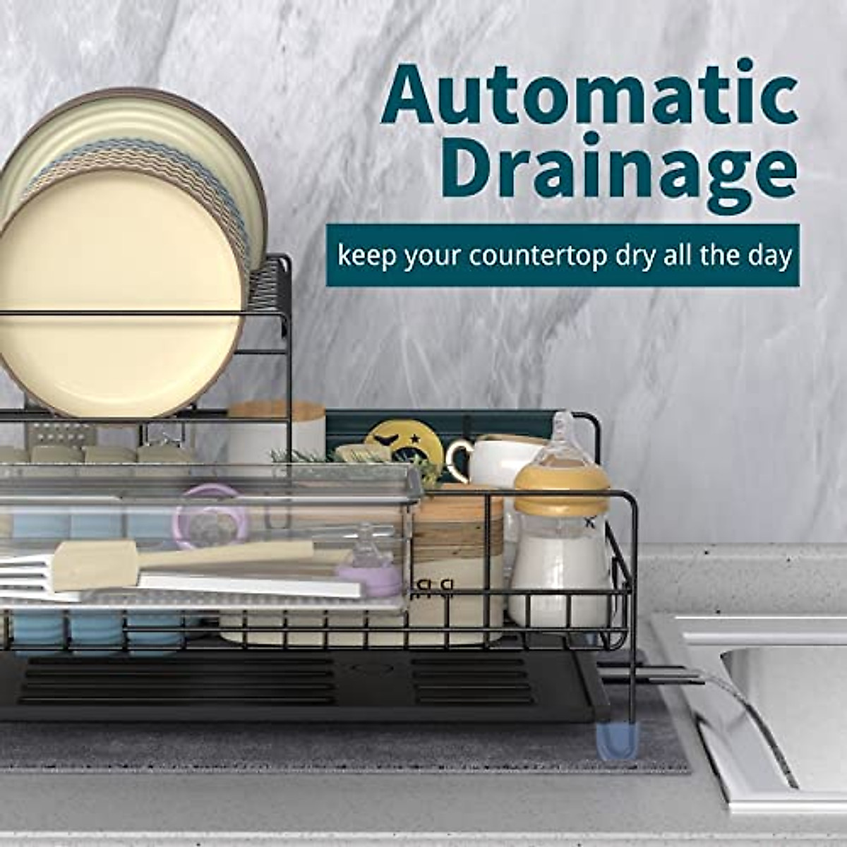 slhsy Removable Design 2 Tier Dish Drying Rack/Strainers with Drainboard, Swivel Spout, Cup & Utensil Holder and Drying Mat for Kitchen Counter, Black