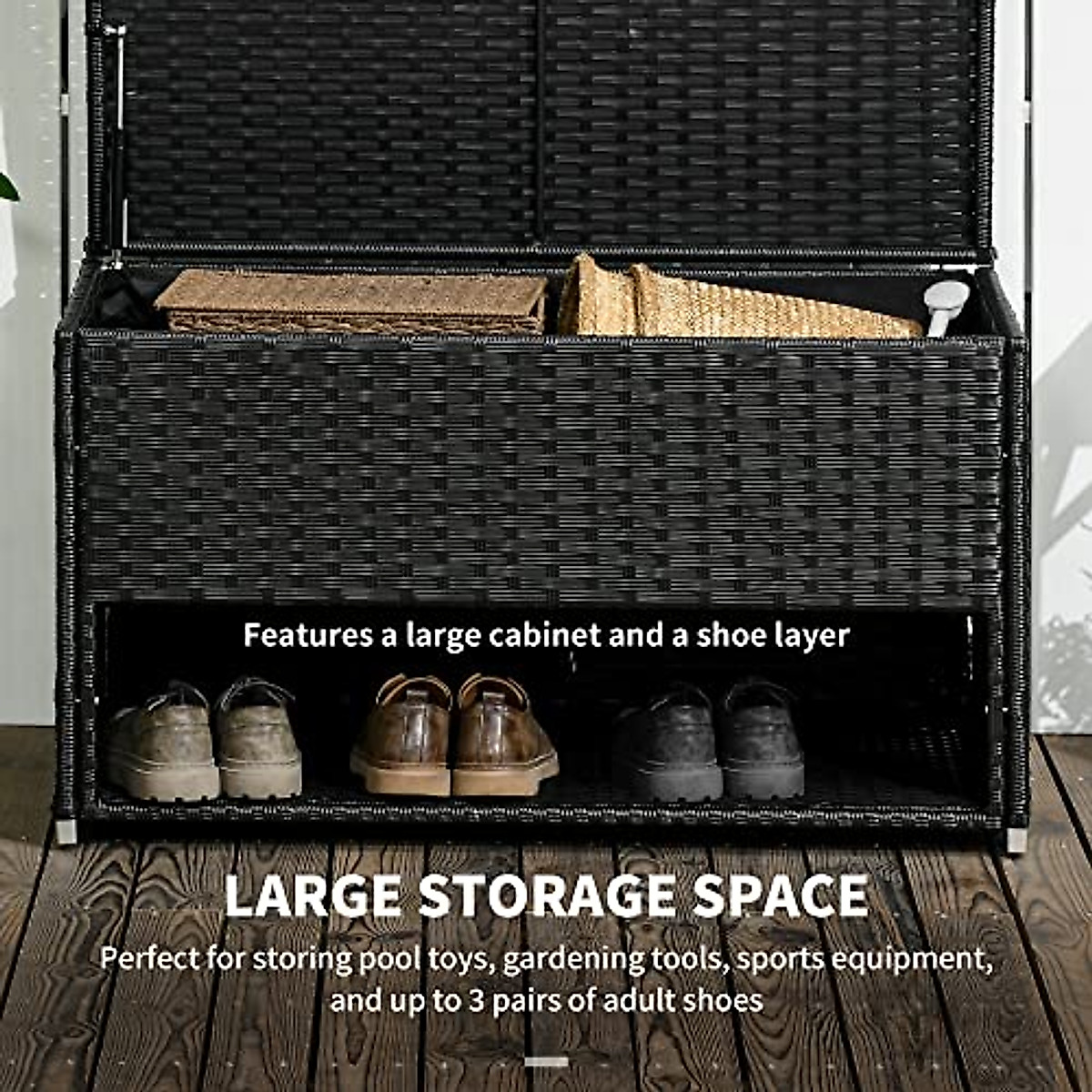 Outsunny Outdoor Deck Box & Waterproof Shoe Storage, PE Rattan Wicker Towel Rack with Liner for Indoor, Outdoor, Patio Furniture Cushions, Pool, Toys, Garden Tools, Black