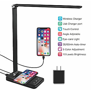 Enwar LED Desk Lamp| Multifunctional Touch Lamp| Wireless Charging Pad| 5 Lighting Modes with 5 Brightness Levels| Touch Control Dimmer |30/60 min Timer| Desk Lights for Home, Office, Bedroom