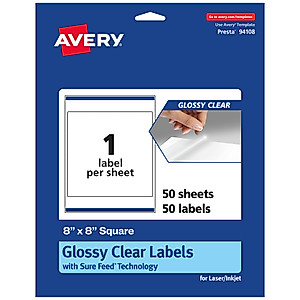 Avery Glossy Clear Square Labels with Sure Feed, 8" x 8", 50 Glossy Clear Labels, Laser/Inkjet Printable Labels
